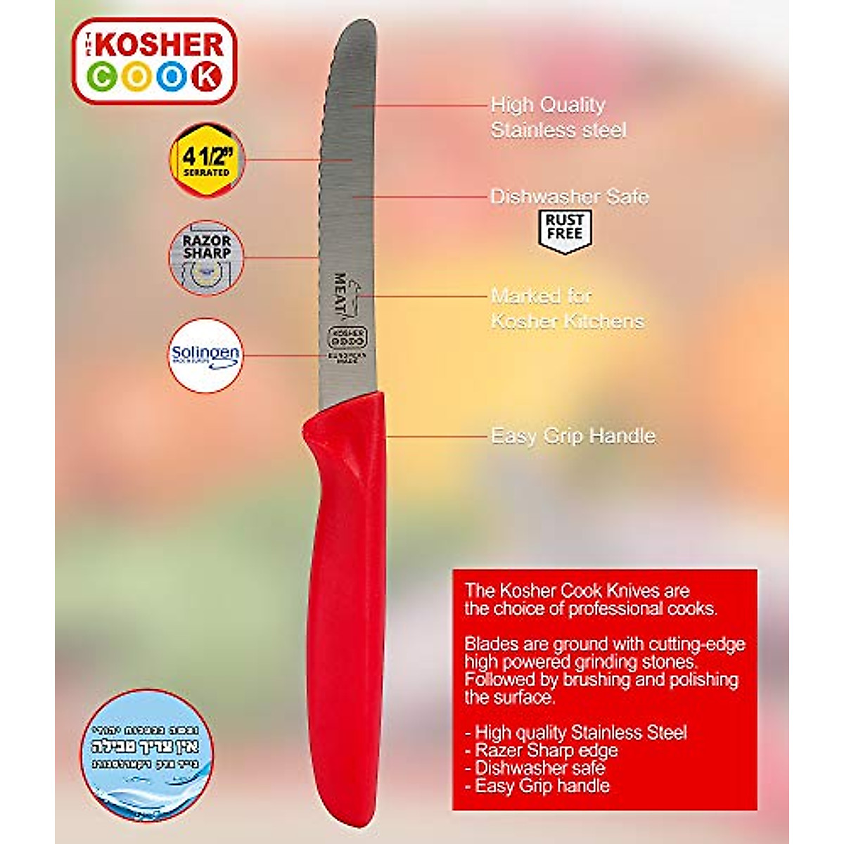 Meat Red Kitchen Knife - 4.5” Steak and Vegetable Knife - Razor Sharp Curved Tip, Serrated Edge - Color Coded Kitchen Tools by The Kosher Cook
