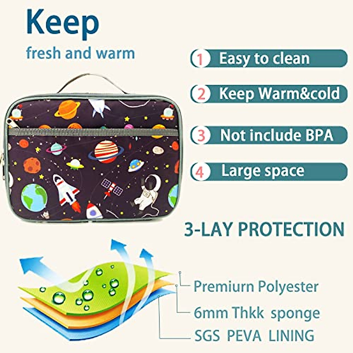 Kulle Lunch Box Kids,Insulated Lunch Box for Boys and Girls,Washable Lunch Bag and Reusable Toddler Lunch Boxes for Daycare and School Dinosaur Shark Camo Space(Astronaut)