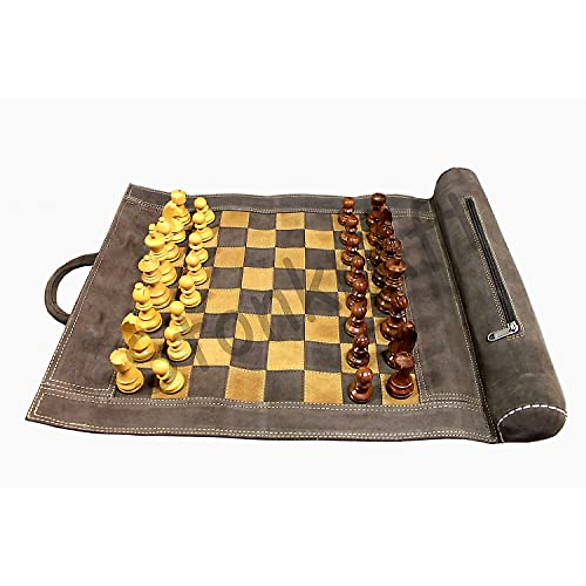 Stonkraft - 19" x 15" (Chess Board Size 12" x 12") Genuine Roll-Up Leather Chess Set - with Wooden Chess Pieces - Brown | with Innovative Carry Pouch
