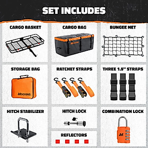 Mockins 60x20x6 Folding Cargo Carrier Hitch Mount | 500 lb Cap Hitch Rack &16 CuFt Soft Shell Waterproof Cargo Carrier Bag | Steel Trailer Hitch Cargo Carrier | Hitch Mount Cargo Carrier Cargo Trailer