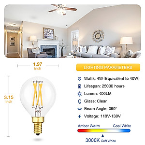 EQ Lighting Dimmable LED Ceiling Fan Light Bulb, Round E12 Base LED Candelabra Bulbs 40 Watt Equivalent 3000K Soft Warm G15 Globe LED Light Bulbs Candelabra Base, 4W 400LM, 3 Pack