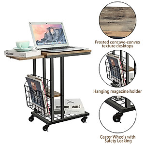 X-cosrack C End Table with Wheels C Shaped Side Table with Side Pocket Industrial Wood Sofa Side End Tables Rolling Casters for Coffee Laptop Sofa Couch Bed Living Room