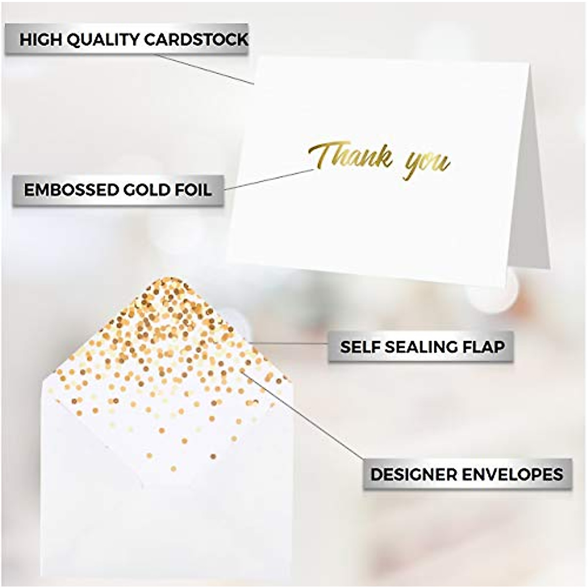 100 Thank You Cards with Envelopes - Thank You Notes, White & Gold Foil - Blank Cards with Envelopes - For Business, Wedding, Graduation, Baby/Bridal Shower, Funeral, Professional Thank You Cards Bulk