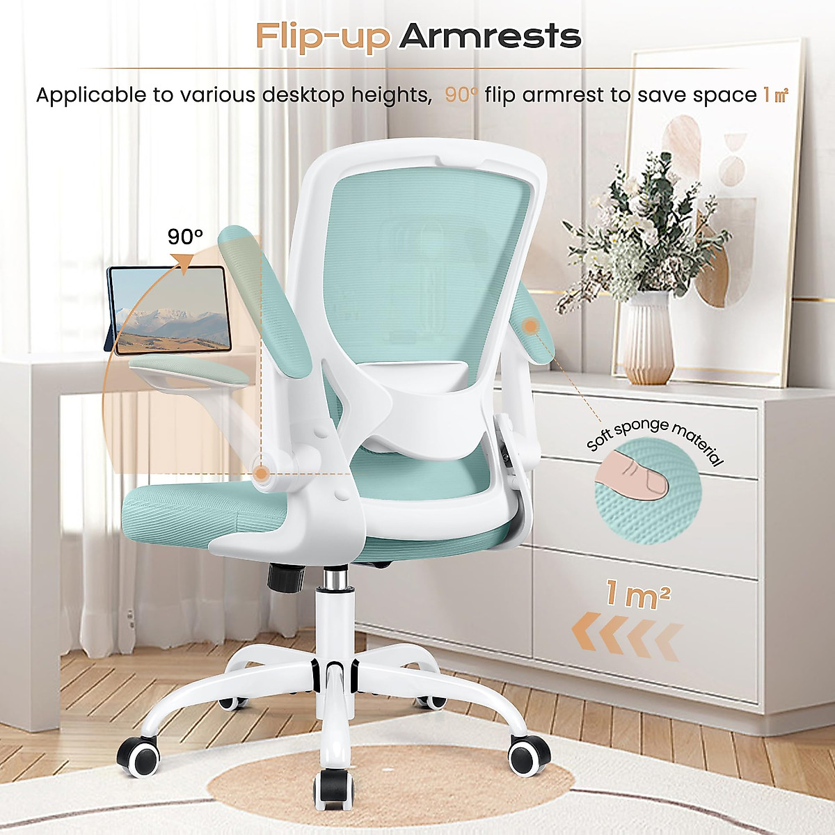 KERDOM Ergonomic Mesh Office Chair with Lumbar Support, Flip-up Arms & Swivel Feature - Adjustable Height Home/Gaming Chair (LightBlue)