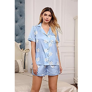 KINA FANG Women’s silk satin pajamas short sleeve loungwear button down sleepwear PJ Set L