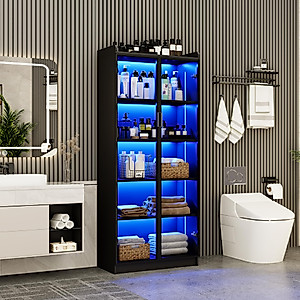 Display Cabinet with Doors and Adjustable Shelves, 65" Tall Bookcase with LED Lights/Human Sensor, 5 Tier Display Case for Collectibles Bedroom Living Room Office, Black - Smoked Black Door