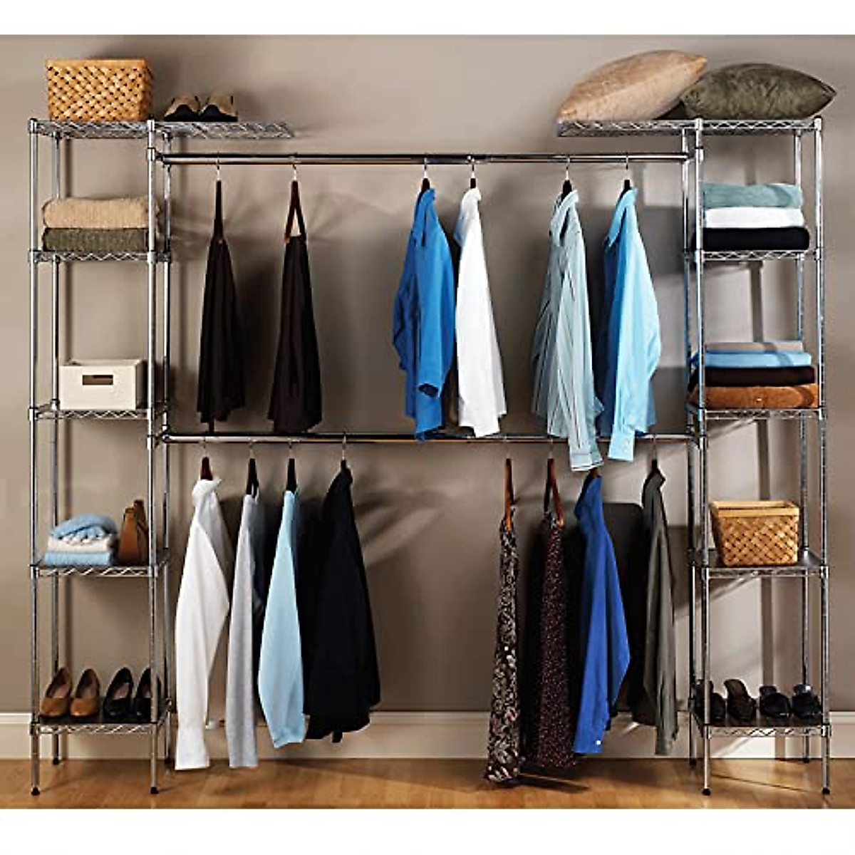 Seville Classics Expandable Double-Rod Clothes Rack Closet Organizer System, 58" to 83" W x 14" D x 72", Plated Steel, Chrome