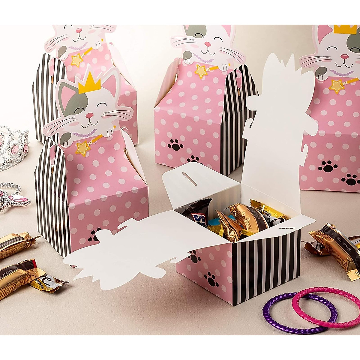 Juvale Cat Party Favor Boxes - 24-Pack Paper Treat Boxes with Die-Cut Princess Kitty, Cute Cat Themed Gable Boxes, Goodie Gift Loot Boxes, Girls Birthday Party Supplies, 3.5 x 3.5 x 8 Inches