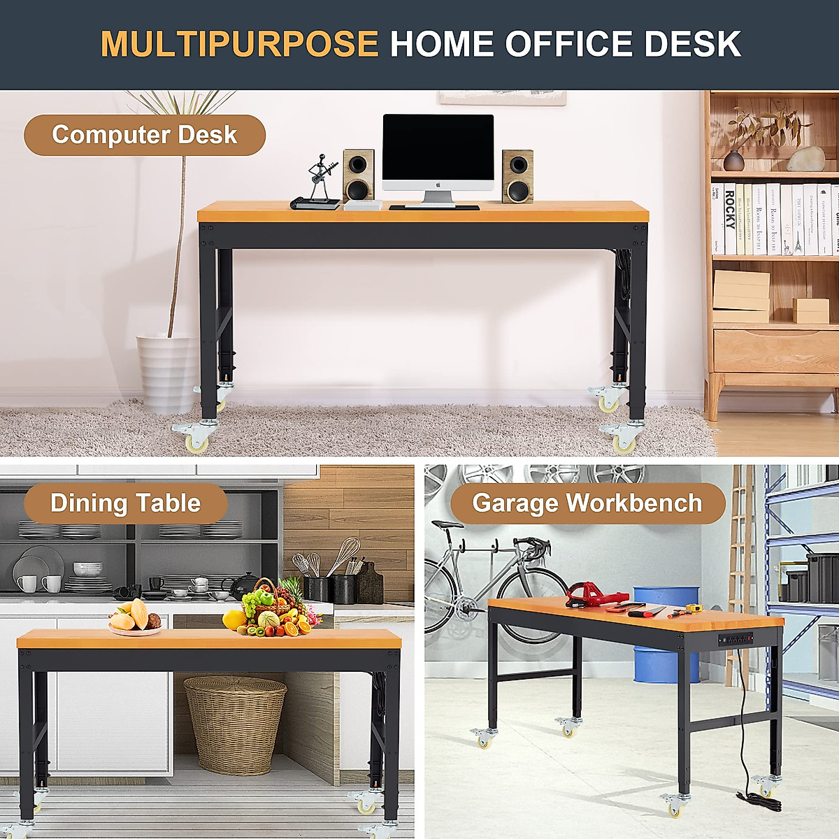 AHB 60" Rolling Workbench Adjustable Height, Oak Wood Work Table with Power Outlets, Max 2000 LBS, Heavy Duty Workstation for Garage Office Home, with Wheels & Feet(Black 60"x 22")