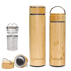 UPFLICK Bamboo Tea Tumbler Set of 2 Insulated Water Bottle with Tea Infuser Coffee Thermos Stainless Steel Vacuum Carafe Gifts for Women Birthday Unique Couple Gift (Pack of 2)