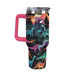 LLUTSNTH 40 Oz Vacuum Tumbler with Light Rose Red Handle Leakproof Insulated Tumbler Colorful Dinosaurs Stainless Steel Travel Mug with Lid And Straw Coffee Cup Cute Water Bottles Cup Holder Friendly