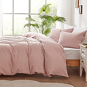 SunStyle Home 100% Washed Cotton Duvet Cover Set Breathable Soft Queen Burnished Lilac Duvet Cover 3 Pieces Solid Color Bedding Set with Buttons Closure Comforter Cover Set (1 Duvet Cover +2 Shams)