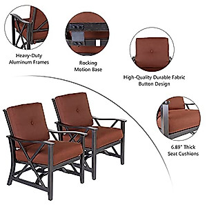 3 Piece Patio Furniture Set Outdoor Conversation Bistro Set with Handmade Contemporary Round Table and 2 Rocking Chairs with Thick Seat Cushions for Porch Garden Balcony Backyard