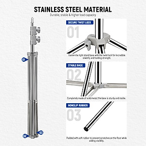 NEEWER Upgraded 75"/190cm Light Stand Stainless Steel Spring Loaded, Foldable Photography Tripod Stand with Stronger Tube Joints for Strobe Softbox LED Ring Light, Max Load 13.5lb/6.5kg, ST-190SS