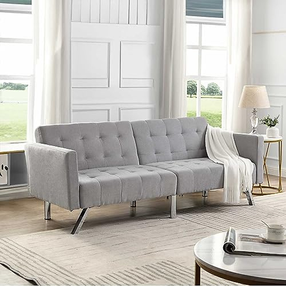 RIDFY 75” Modern Futon Sofa Bed, Convertible Sleeper Couch with Metal Legs/Armrests/Pillows, Folding Upholstered Loveseat, Lounge Sofa, Memory Foam Living Seat for Small Space/Office (Light Grey)