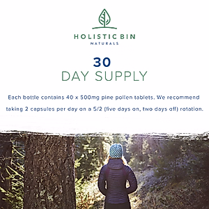 Holistic Bin Pine Pollen Capsules 500mg Made w/ 100% Pure Pharmaceutical Grade, Wild Harvested California Pine Pollen Powder | Organic, Non GMO, No Fillers | 30 Day Supply (40 Capsules)