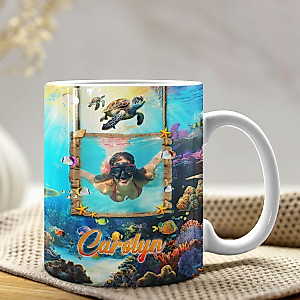 White Ceramic Coffee Mug Photo Mugs Personalized Picture Turtle Custom Name Birthday Gifts For Women Friends Teens Ocean Lovers Novelty Cup Table Desk Accessories 11 and 15 Oz