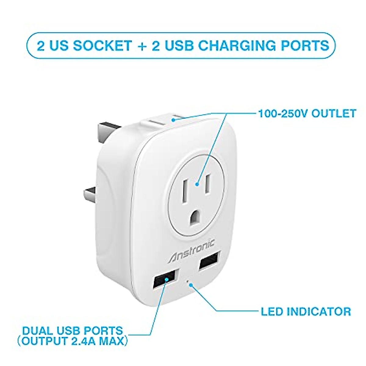 [2-Pack] US to UK Ireland Travel Plug Adapter, Anstronic International Power Adapter with 2 USB, 4 in 1 Power Outlet Adaptor for USA to British England Dubai Irish Scotland Hong Kong(Type G)