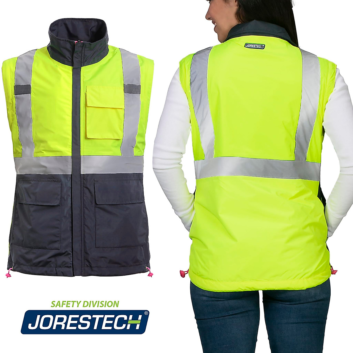 JORESTECH Safety 4-in-1 Windbreaker Reversible Gray Fitted Jacket Reflective High Visibility with Removable Sleeves JK-05 Small