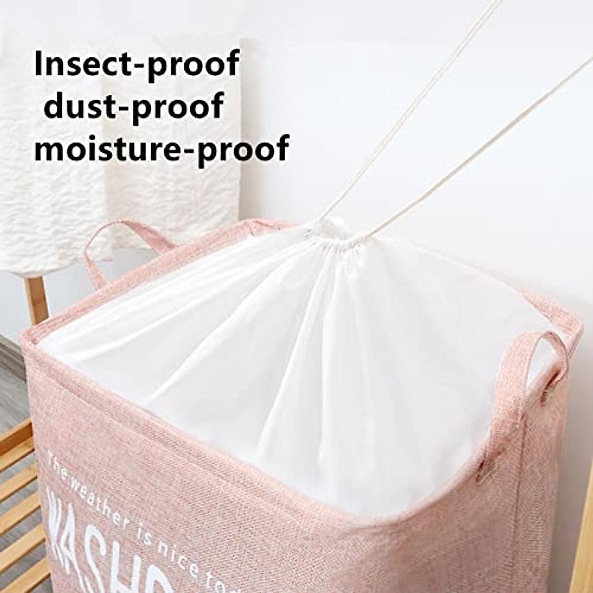 Shellconch Foldable Storage Bin Basket Laundry Basket，Foldable Fabric Storage Bin With Drawstring Cover。Dirty Clothes Hamper for Bedroom.（16.5L x 12.6W x 21.6H） (Pink)