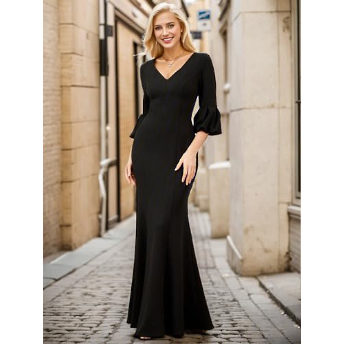 Ever-Pretty Women's Long Lantern Sleeves Mermaid Casual Maxi Formal Dress Black US4