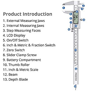 Proster Digital Vernier Caliper 8inch 200mm - Stainless Steel Electronic Caliper Fractions/Inch/Metric Caliper Measuring Tool for Length Width Depth Inner Diameter Outer Diameter