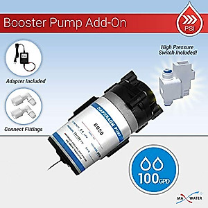 Reverse Osmosis 100 GPD RO Booster Pump + High Pressure Switch, 2 Connect Fittings - 1/4 OD x 3/8 MIP Elbow