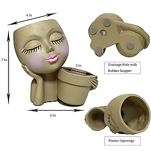 Dolkgy Face/Head Planters for Plants Unique Plant Pots for Indoor Outdoor Plants, Novelty Cute Large Girl Face Flower Pots with Drainage Hole for Home Garden Succulents Cactus