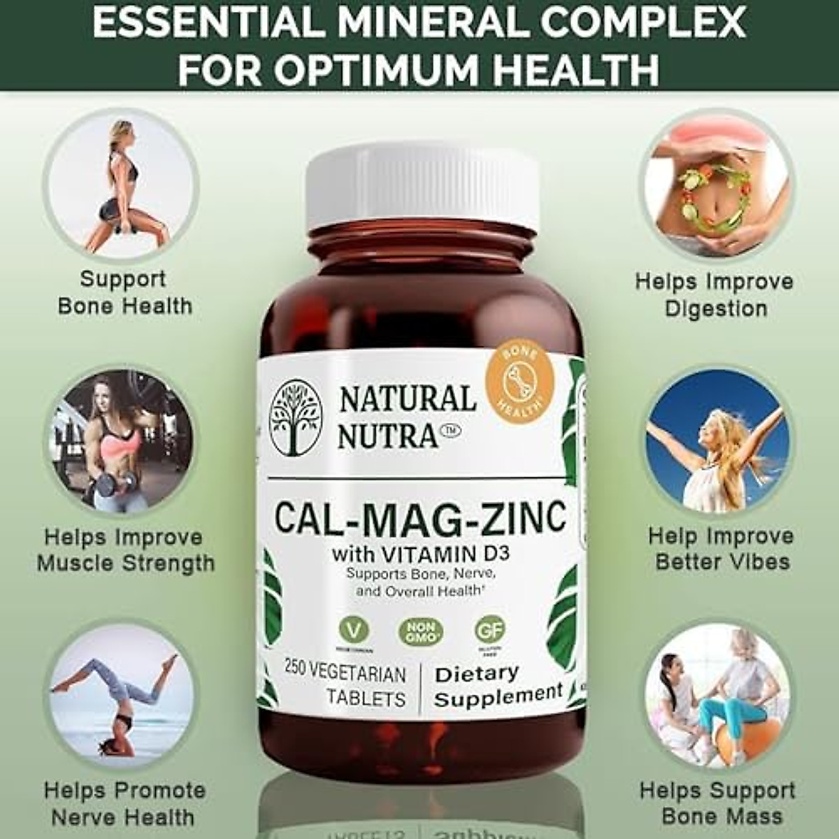Natural Nutra Calcium Magnesium Zinc Supplement with Vitamin D3 for Bone Strength, Gluten Free and Sugar-Free, Essential Mineral Complex, 1000/500/25 mg (250 Count)