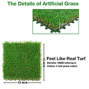 GLOBREEN Interlocking Artificial Grass Tiles 9 Pack, 12" x 12" Squares Fake Turf Grass Tiles Self-Draining for Deck, Patio, Dogs, Balcony, Backyard, Indoor Outdoor Flooring Decor