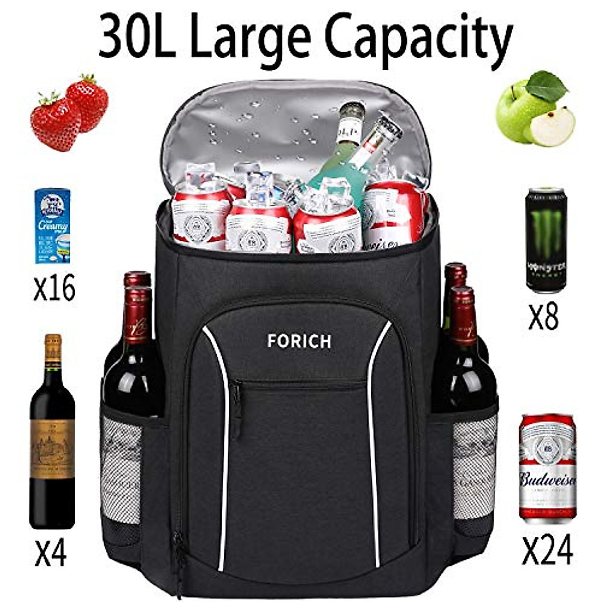 FORICH Cooler Backpack Portable Soft Backpack Coolers Insulated Leak Proof Large Cooler Bag for Men Women to Work Lunch Travel Beach Camping Hiking Picnic Beer Bottle Backpack, 30 Can (X - Black)
