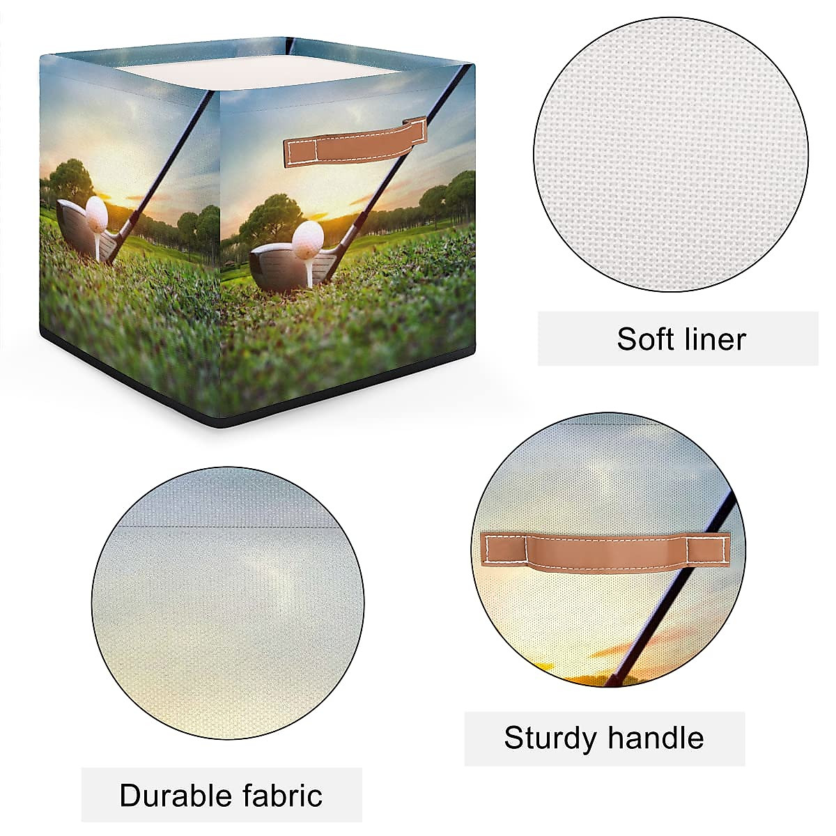 OMFUNS Sport Golf Ball Storage Basket 13x13 Art Painting Collapsible Cube Storage Bin with Handle Fabric Storage Box Organizing for Closet Shelf Home Office Dorm Nursery Toy Basket