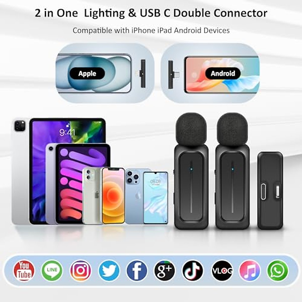 ECOMXIA 2 Pcs Wireless Lavalier Microphone for iPhone iPad Android with Charging Case 7H Clip on Lapel Microphone Wireless for Video Recording Vlogging, YouTube, Interview, 3 Mode Denoise, 70ft