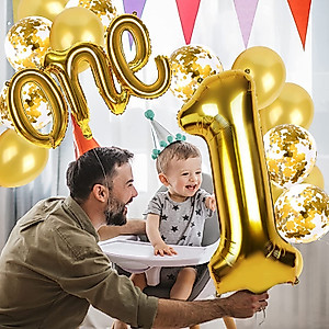 Gold One Balloons for First Birthday, 40 Inch Big Large Giant Number One Gold Balloon and Script Letter One Banner, One Party Decorations, First Birthday Decorations for Boy or Girl