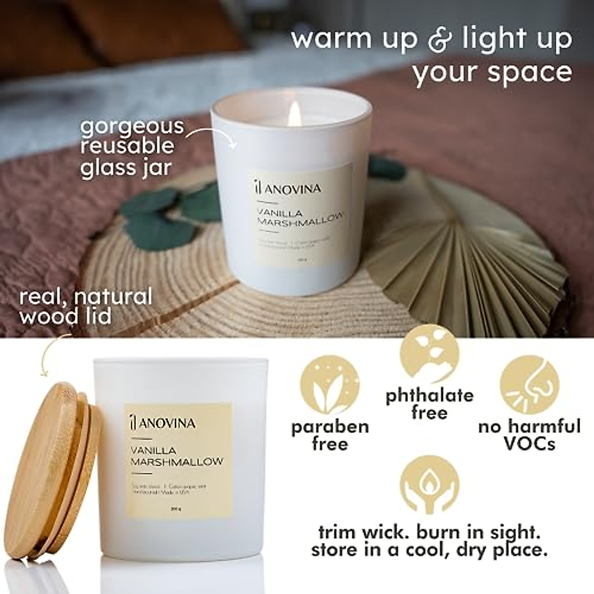 Anovina Vanilla Scented Candle – Hand-Poured in USA, Bamboo Lid & Elegant Gift Box. Candles for Home & Scented Candle Gifts for Someone You Love – A Perfect Valentine's Gift!