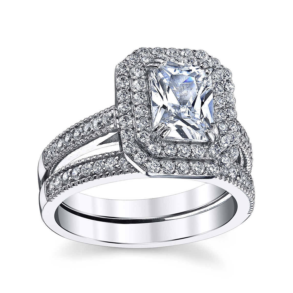 2 Carat Emerald Cut Sterling Silver and Cubic Zirconia Wedding Ring Engagement Band, Bridal Set