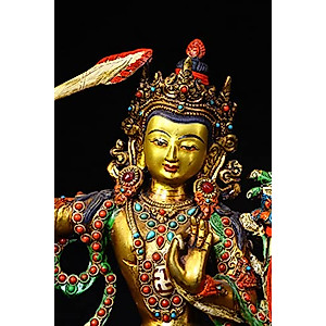 9" Tibetan Temple Collection Old Bronze Outline in Gold Painted Mosaic gem Dzi Beads Manjushri Worship Buddha Town House