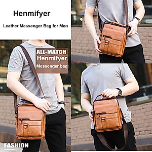 Henmifyer Small Leather Messenger Shoulder Crossbody Bag for Mens Travel Office Business Adjustable Strap (Brown)