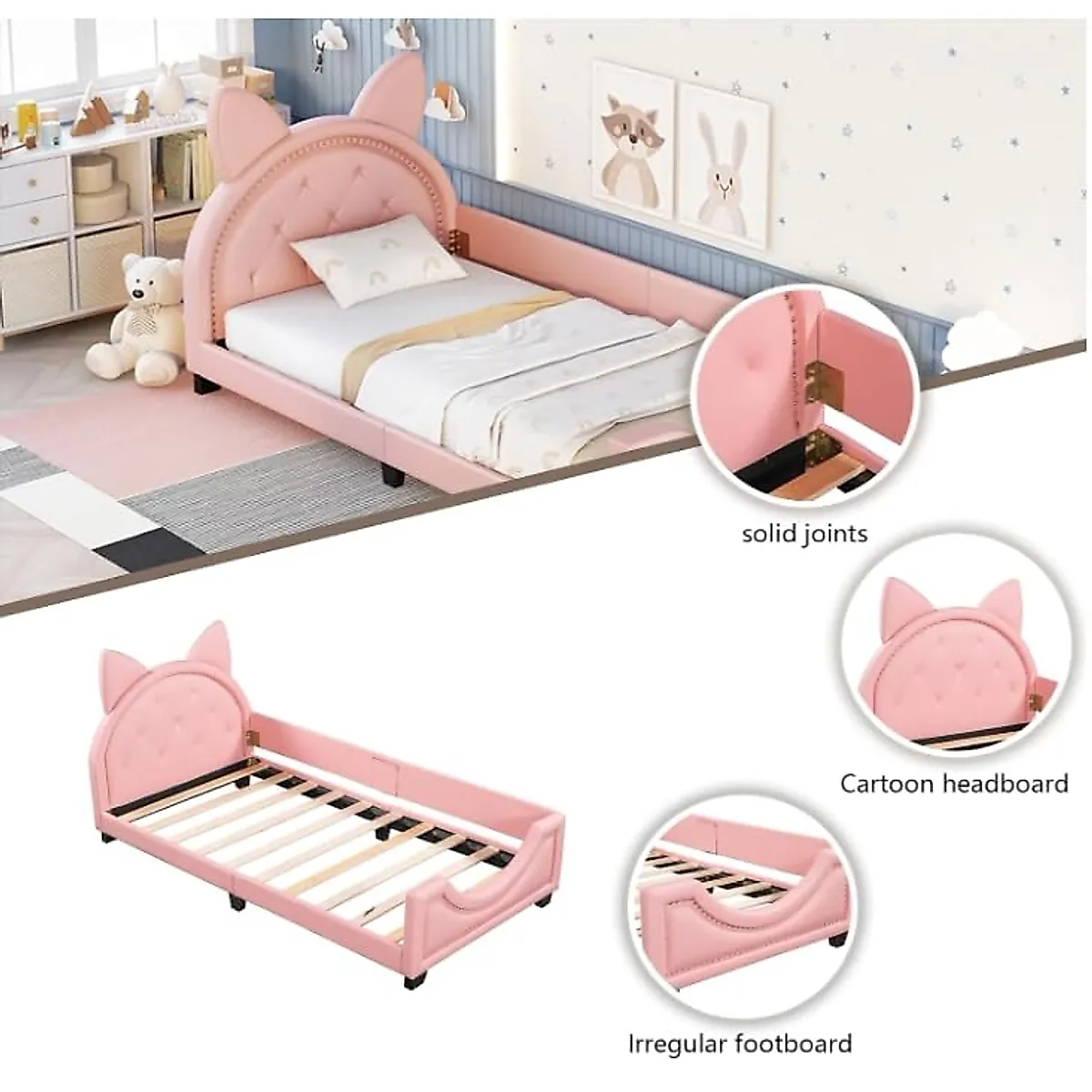 MWrouqfur Twin Size Upholstered Daybed,Wooden Daybed Frame with Carton Ears Shaped Headboard, PU Leather Platform Bed for Girls Boys, Low Profile Single No Box Spring Needed (Pink) (HYYS774)