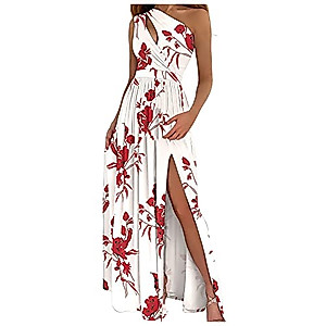 Maxi Dress for Women Beach Vacation Plus Size Wedding Guest Boho Floral Split Dresses Sexy Casual Red One Shoulder Smocked Dress Resort Wear 2023 Fairy Dress Vestidos Tiktok Dress(B White,X-Large)
