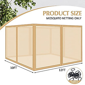Universal Replacement Mosquito Netting for Patio Gazebo 10' x 12' Mosquito Net Camping 4 Panel Mosquito Net Gazebo Canopy Replacement Patio Mosquito Netting with Zipper for Porch, Khaki