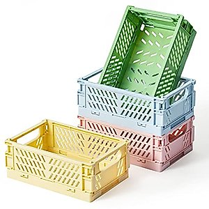 D1resion 4Pcs Mini Stackable Crates Decor Danish Pastel Aesthetic Stacking Folding Plastic Storage Crate Foldable Bin Baskets Tray with Handles for Shelf Grocery Kitchen Bedroom Desktop Organizer Box
