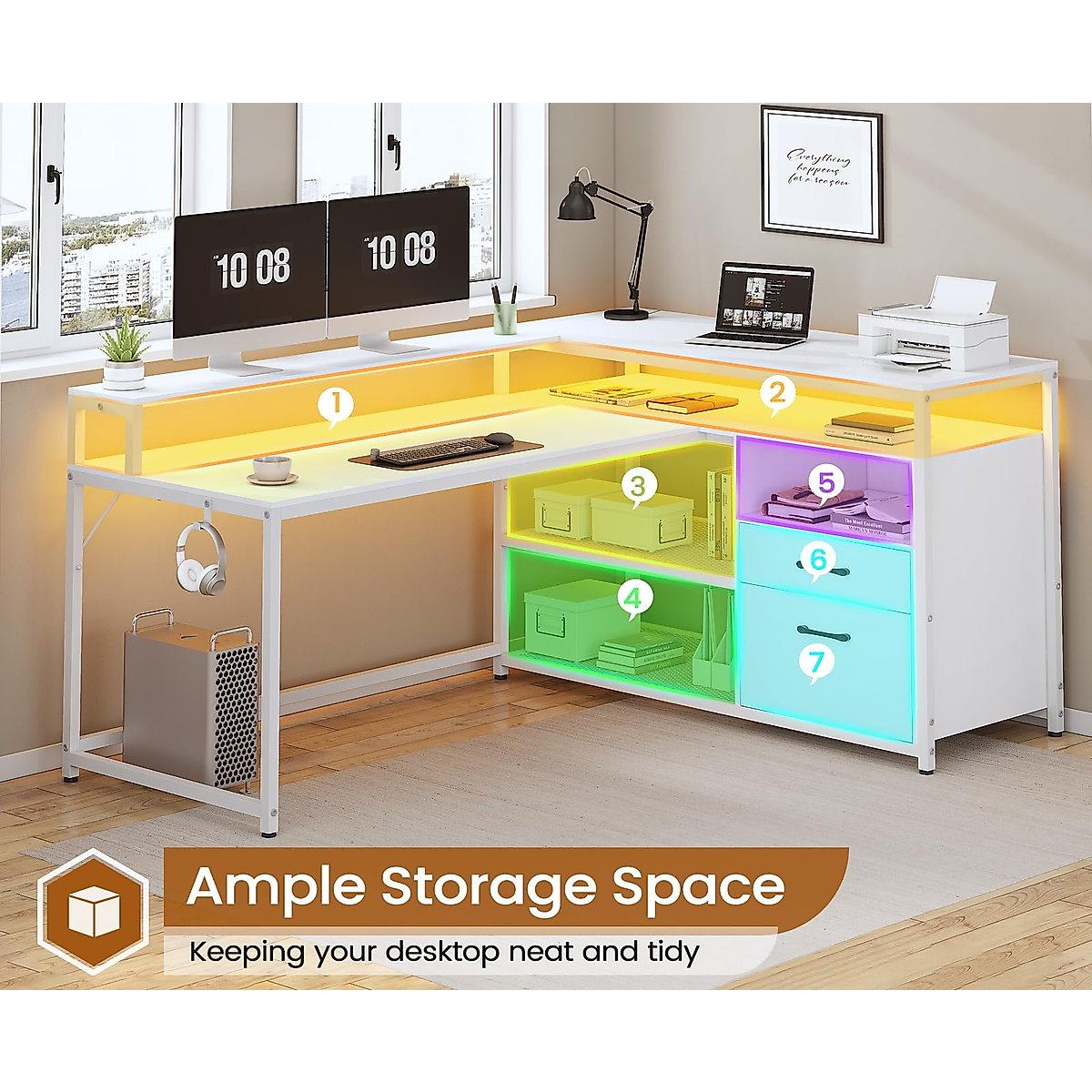 SEDETA White Computer Desk with Drawers, 55" Home Office Desk with File Drawer and Storage Shelves, L Shaped Gaming Desk with LED Lights and Monitor Shelf