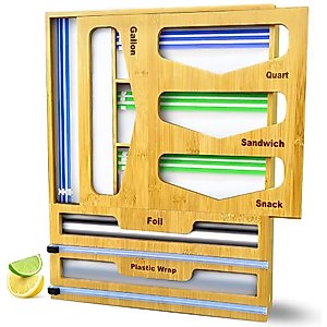 Deepdive Ziplock Bag Organizer and Plastic Wrap Dispenser with Cutter, 6 IN 1 Bamboo Foil and Plastic Wrap Organizer for Kitchen Drawer, Ziplock Bag Storage Organizer for Gallon,Quart,Sandwich,Snack