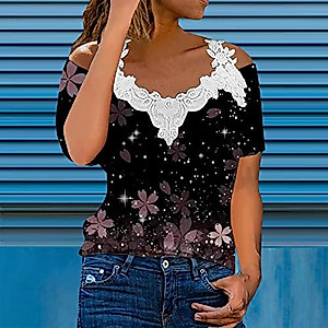 KSODFNXH Sleeveless Blouses for Women Summer Lace Patchwork Off-The-Shoulder Shirts Comfy Fashion V-Neck Short Sleeve