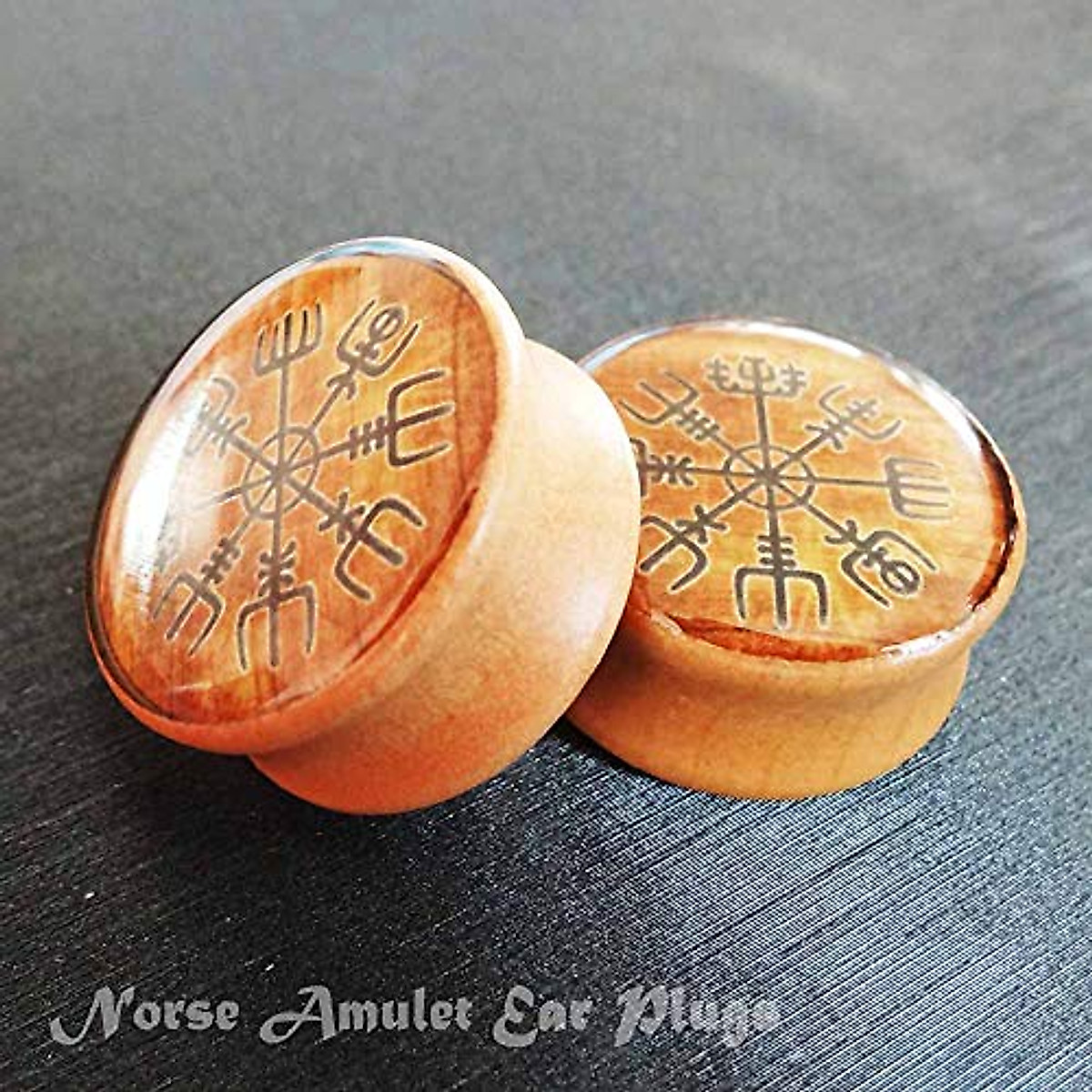 FLYUN Wood Ear Gauges Viking Plugs Women Men Ear Stretcher Expander 8mm-25mm 0 00-1'' Double Flared Saddle Plugs Earrings Piercing Jewelry Norse Vegvisir Aegishjalmur (00G (10mm))