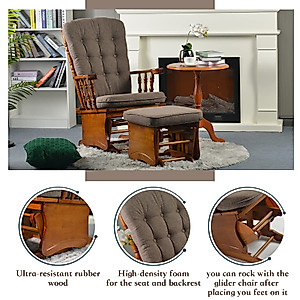 Dvasovio Anti-Pinch Hand Glider Chair for Nursery with Ottoman, Resistant Rubber Wood Glider Rocking Chair Sets for Nursing, Relaxing, Living Room, Bedroom, Antique Brown