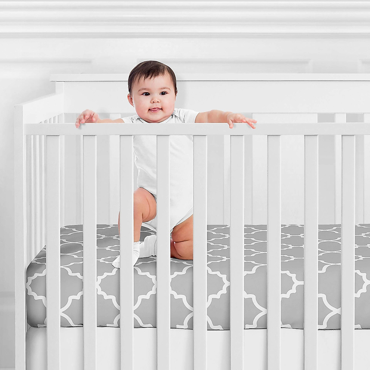 Fitted Crib Sheet for Gray and White Trellis Collection Baby/Toddler Bedding - Trellis Print