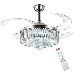 Crystal Chandelier Ceiling Fan with LED Light and Remote Control, 42" Modern Retractable Blade Ceiling Fans Light, 3 Lights Color and 6 Speeds, Perfect for Living Room, Bedroom (Crystal Silver)