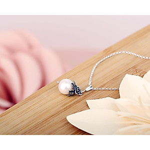 Paz Creations 925 Sterling Silver Pearl Pendant Necklace with Round Ball-Shape White Freshwater Pearl and Handcrafted Floral Cap - Natural Elegant Jewelry